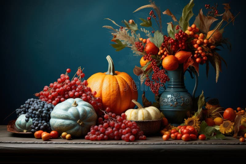 Thanksgiving Scene with Fall Foliage Pumpkins and Berries Against a ...