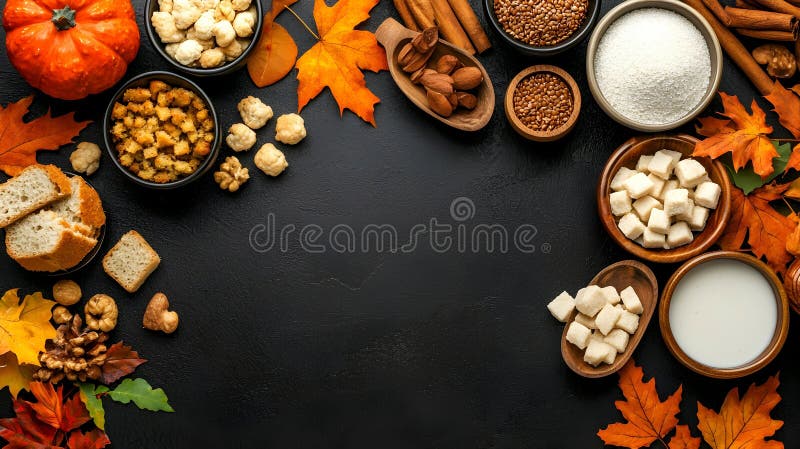 Thanksgiving Stuffing Ingredients Spread on a Dark Surface Stock ...