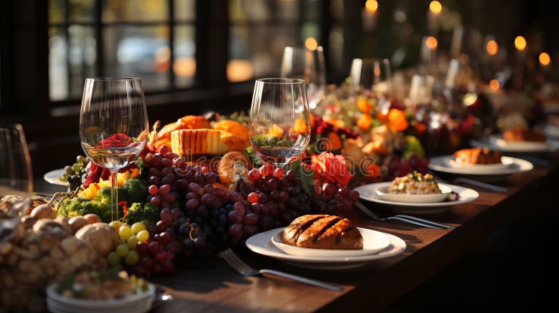 Thanksgiving Table Decor. Food and Glasses with a Drink at a Festive ...