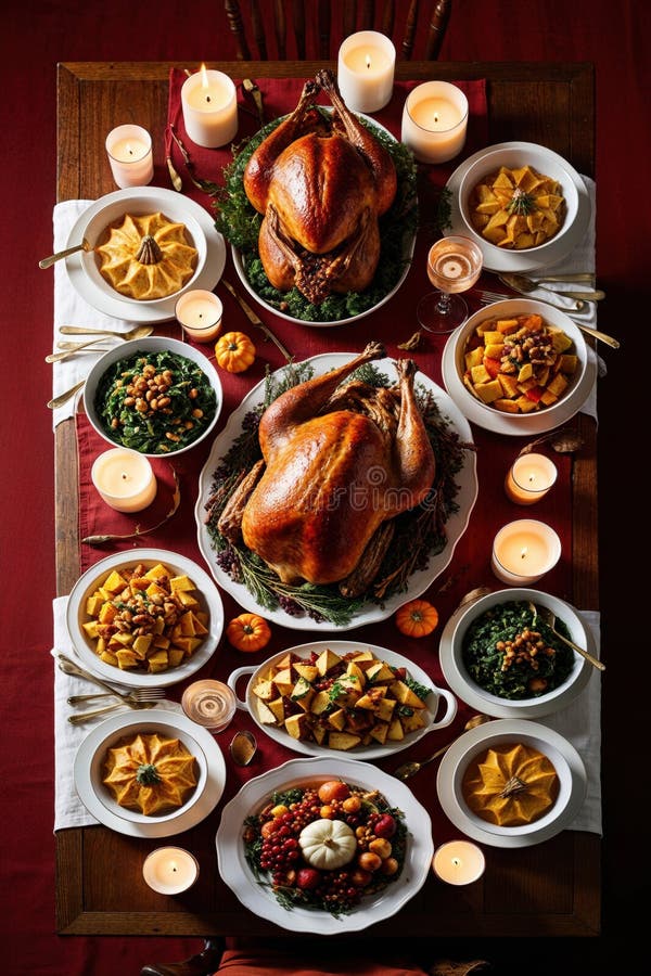 Thanksgiving Table Laden with Turkey and Food. Stock Image - Image of ...