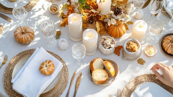 Thanksgiving Table Scene with Rustic Ceramic Dinnerware, Candles, Fall ...