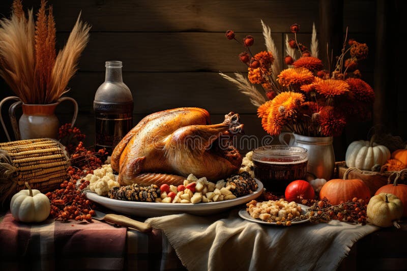 Thanksgiving Table Set with Roast Turkey. Generative AI Stock ...
