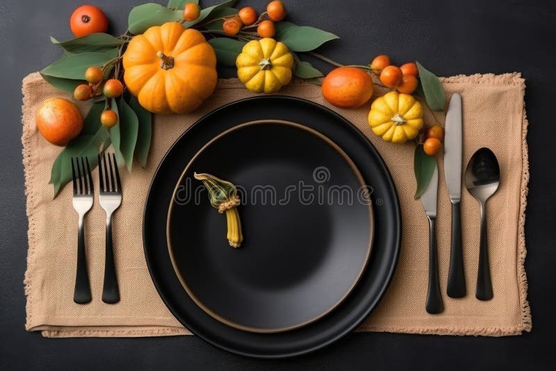 Thanksgiving Table Setting Flat Lay on Table, AI Generative Stock Photo ...