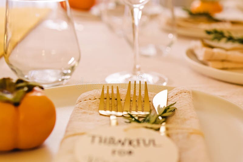 Thanksgiving Table Setting, Golden Cutlery Close-up Stock Image - Image ...