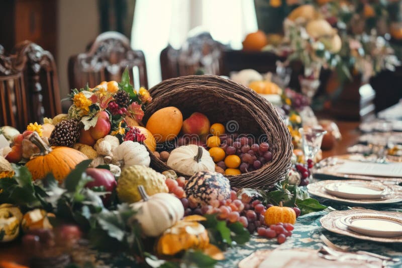 Thanksgiving Table Setting with Horn of Plenty and Fall Fruits Stock ...