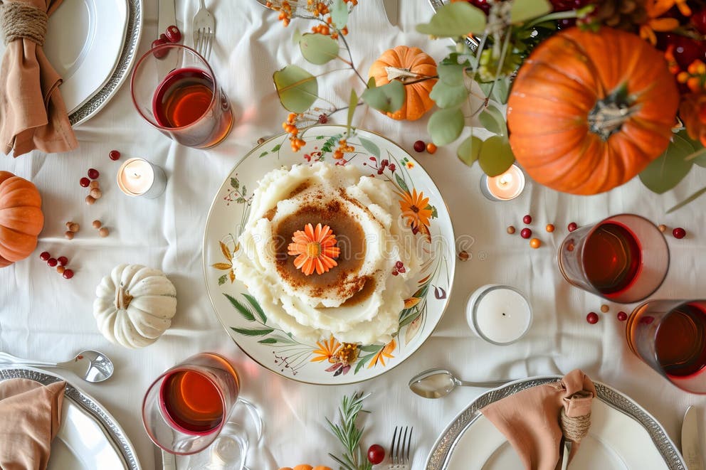 Thanksgiving Table Setting with Mashed Potatoes Centerpiece Decorated ...