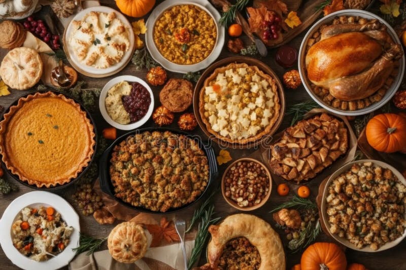 Thanksgiving Table Spread with Traditional Dishes and Decorations Stock ...