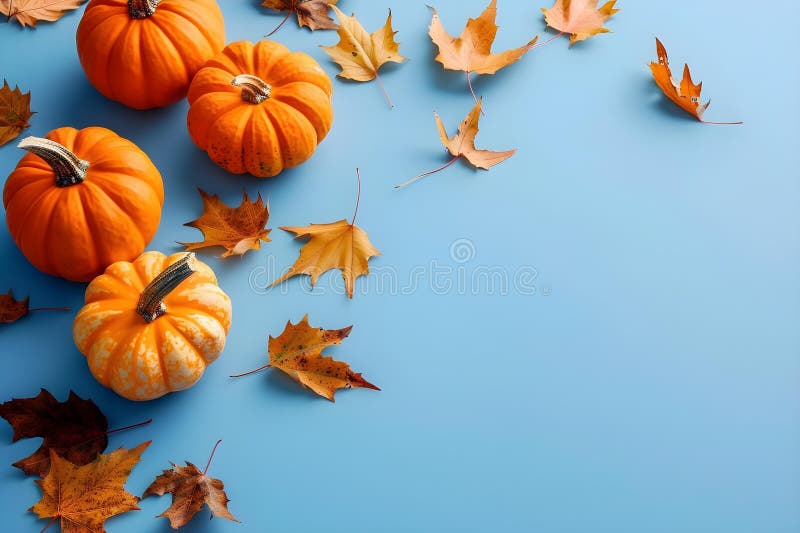Thanksgiving Theme with Pumpkins Falling Leaves and Copy Space on Blue ...