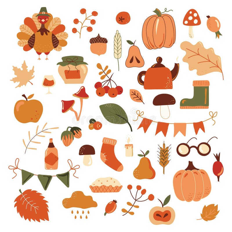 Thanksgiving Theme Set of Items and Symbols Autumn. Colorful, Bright ...