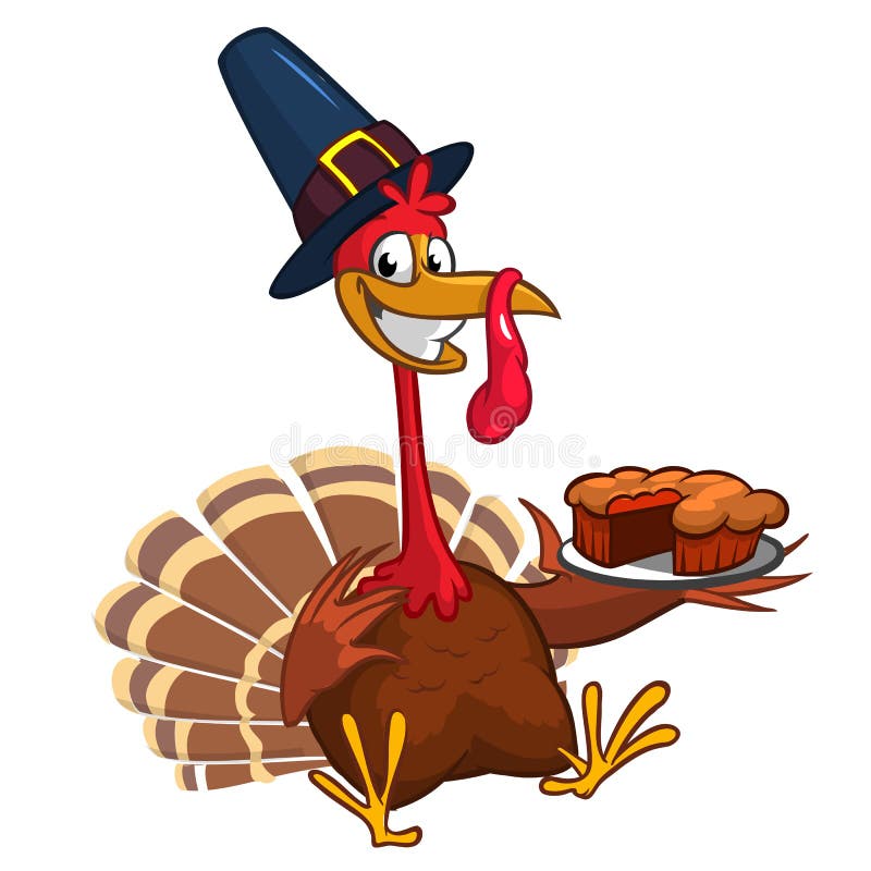 Thanksgiving Turkey Chief Cook Serving Pumpkin Pie. Vector Cartoon ...