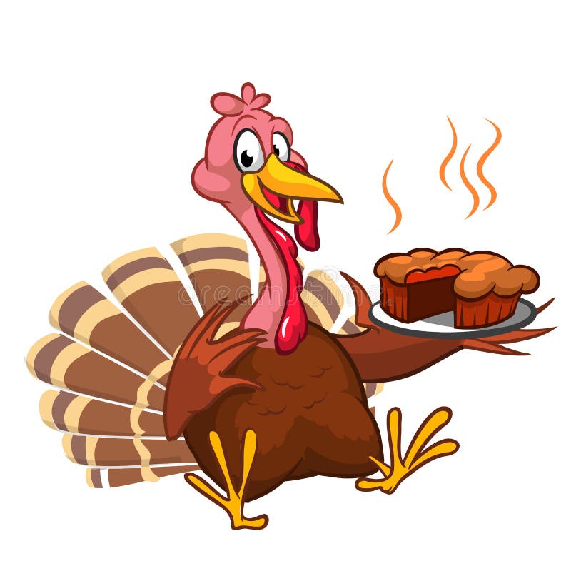 Thanksgiving Turkey Chief Cook Serving Pumpkin Pie. Vector Cartoon ...