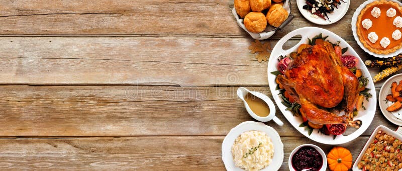 Thanksgiving Turkey Dinner. Above View Side Border on a Rustic Wood ...
