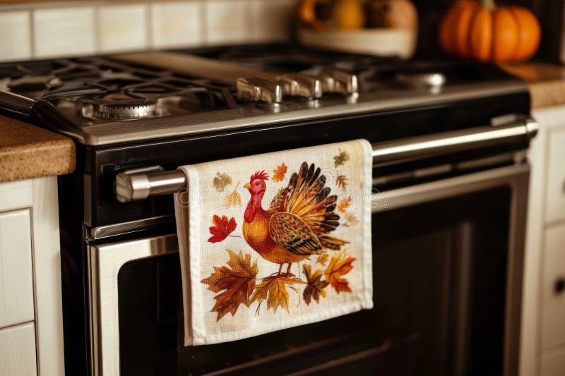Thanksgiving Turkey Towel Hanging on Oven Handle Stock Illustration ...