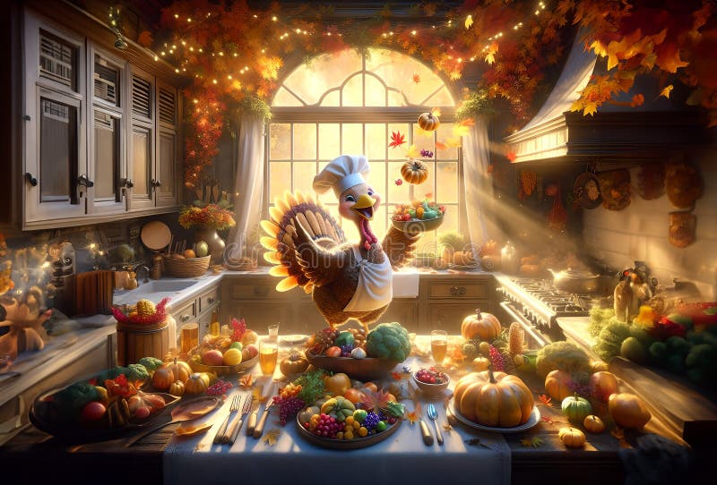 Thanksgiving: Whimsical Turkey Wearing a Chefs Hat and Preparing Dinner ...