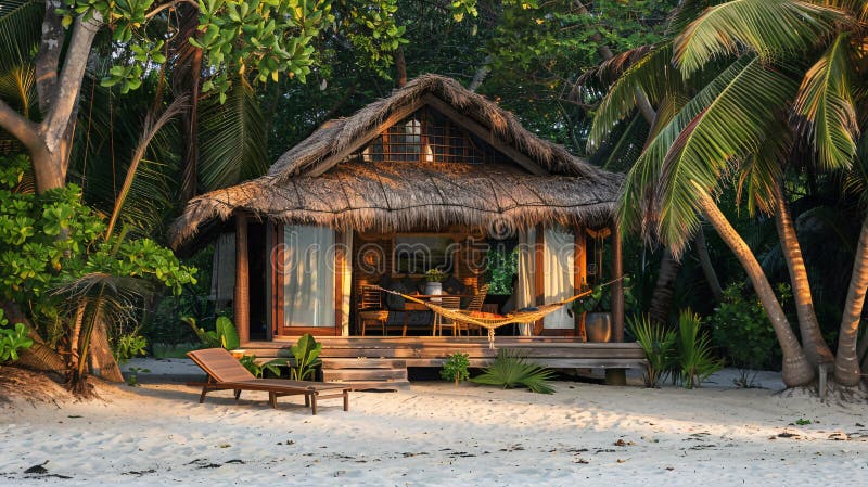 Thatched Cottage on Beach with Palm Trees. Generative by AI Stock ...