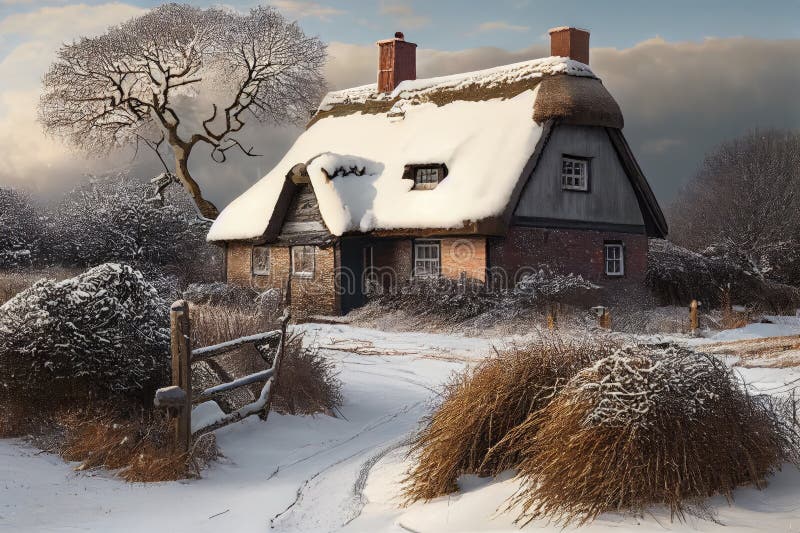 Thatched Cottage in Snowy Winter Setting Stock Photo - Image of welcome ...