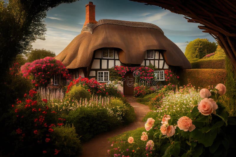 Thatched Cottage Surrounded by Blooming Gardens, with View of Rolling ...