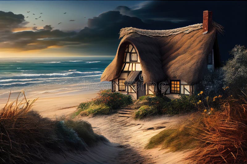 Thatched House on the Beach, Overlooking the Ocean Stock Photo - Image ...