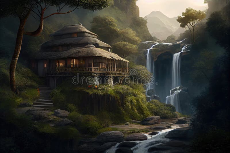 Thatched House on Cliff Overlooking Waterfall, Surrounded by Lush ...