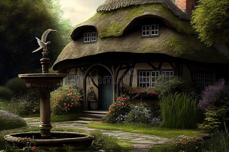 Thatched House with Garden and Birdbath, Surrounded by Lush Greenery ...