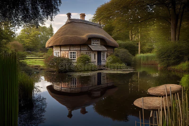 Thatched House Hidden among the Trees, with a View of a Tranquil Pond ...