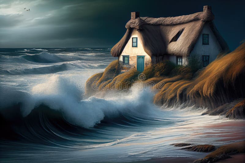 Thatched House Overlooking the Ocean, with Waves Rolling Onto the Shore ...