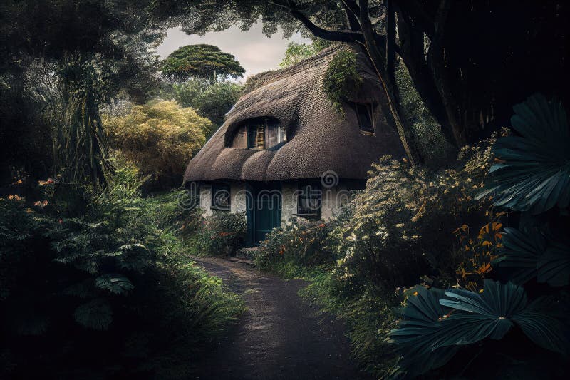 A Thatched House Surrounded by Lush Greenery in a Remote Location Stock ...