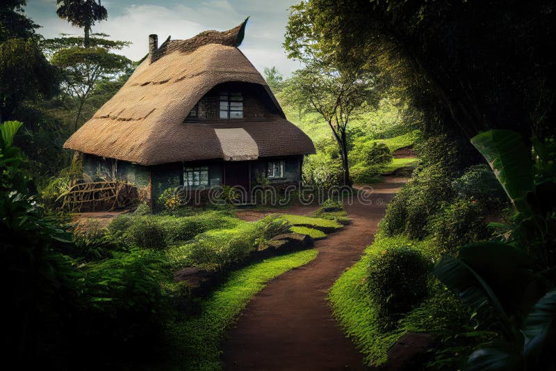 A Thatched House Surrounded by Lush Greenery in a Remote Location Stock ...