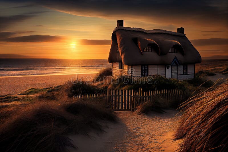 Thatched House, with View of the Beach, during Sunset Stock ...