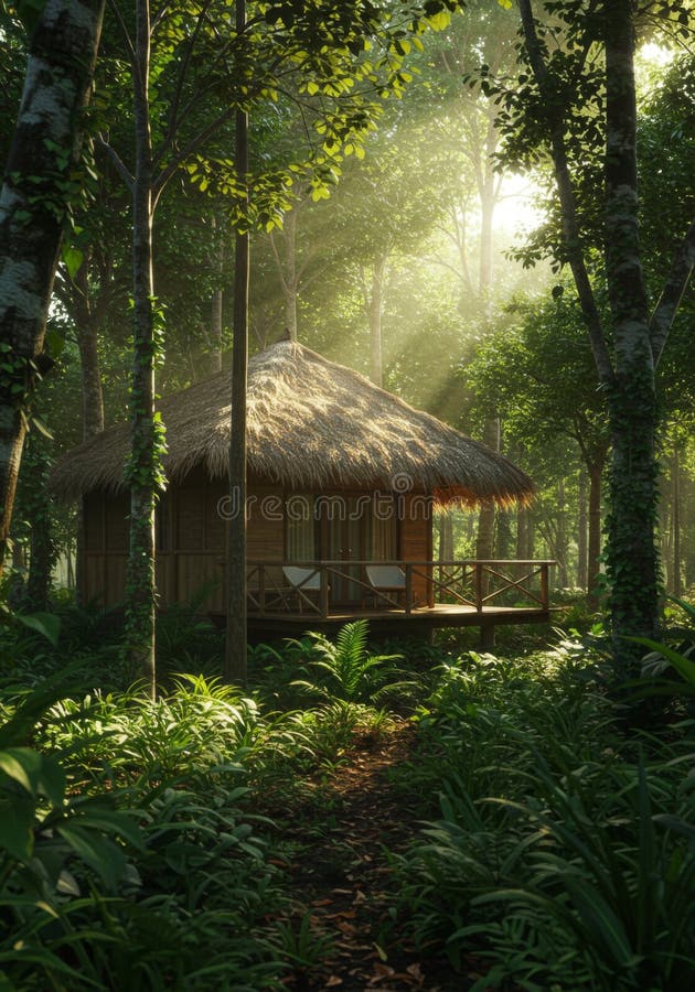 Thatched Hut in Lush Tropical Forest Sunlight Stock Image - Image of ...