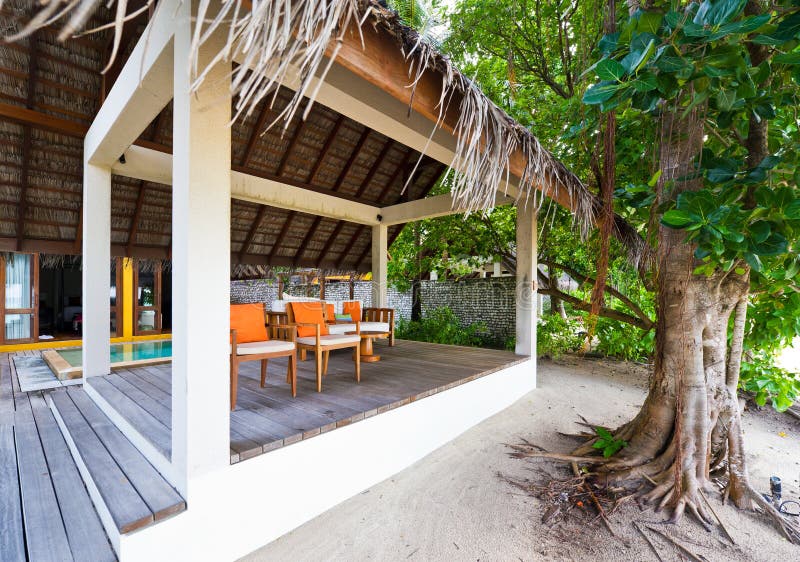 Thatched Pavilion in Maldives Resort Stock Photo - Image of chair ...