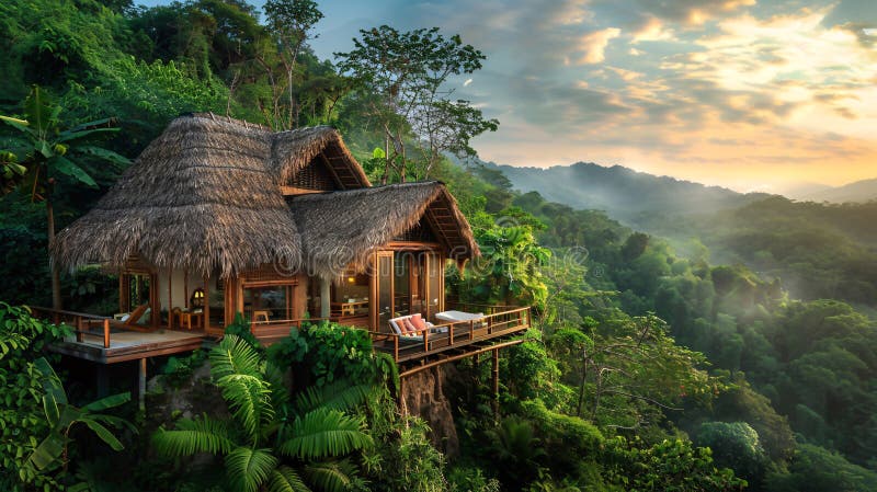 Thatched Roof Hut in Jungle. Generative by AI Stock Illustration ...