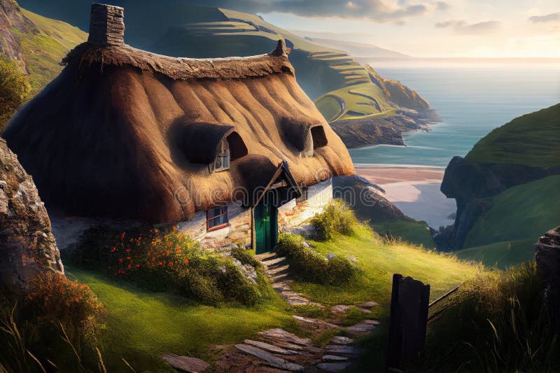 Thatched-roofed House Perched on the Edge of a Cliff, with Sweeping ...