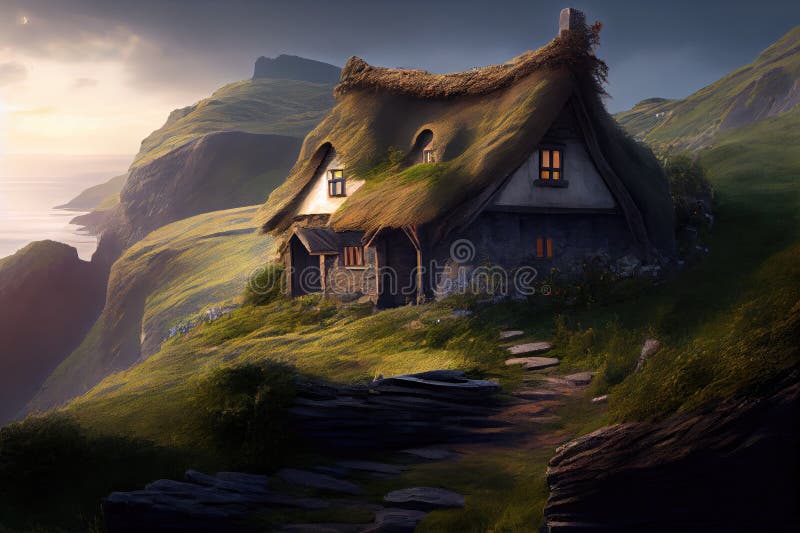 Thatched-roofed House Perched on the Edge of a Cliff, with Sweeping ...