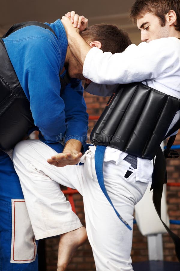 Thats a Vital Block. Two Martial Artists Sparring in the Ring. Stock ...