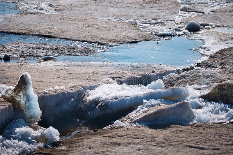 Thawed Patches on Ice. Melting River Ice. Columnar and Needle-like ...