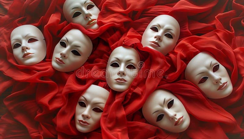 Theater Arts. White Masks on Red Fabric, Above View Stock Photo - Image ...