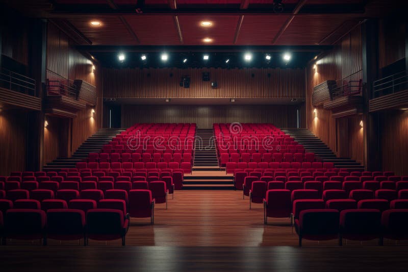 The Theater Features Empty Red Chairs and a Stage Awaiting the Audience ...