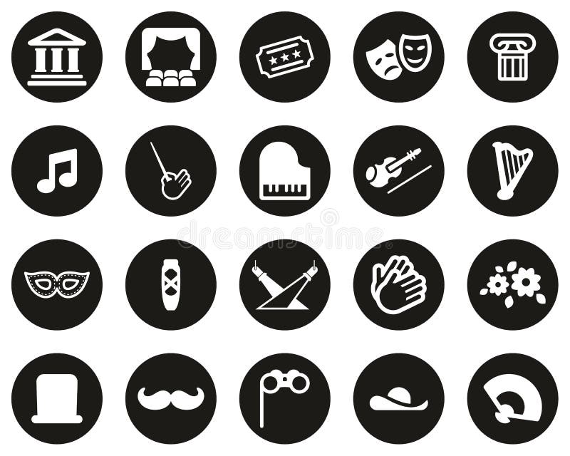 Theater or Opera Icons White on Black Flat Design Circle Set Big Stock ...