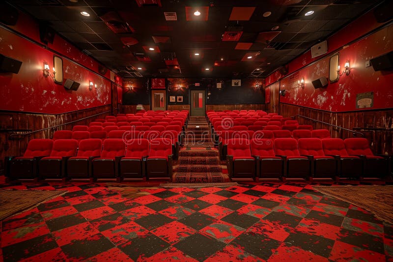A Theater with Red Seats and Checkered Carpet is Shown Empty Stock ...