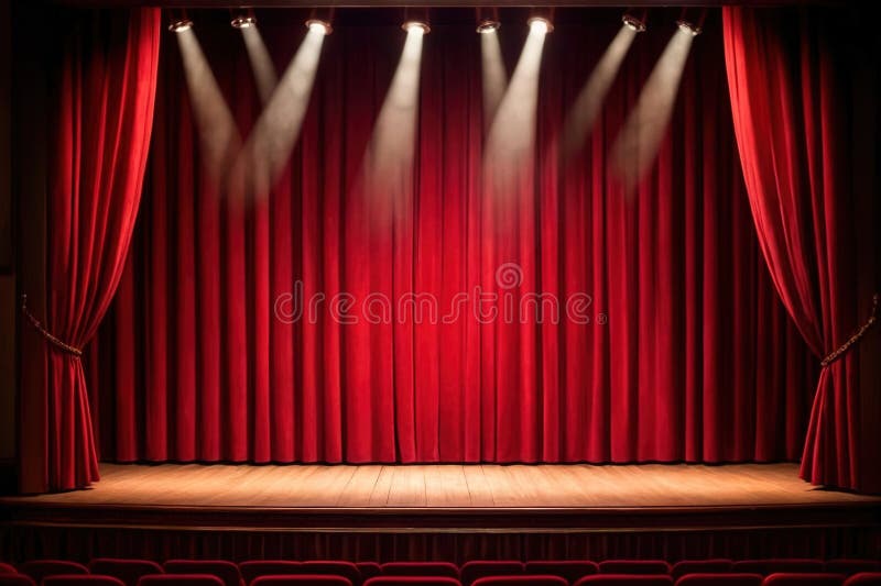 Theater Stage Backdrop with Red Curtains and Spotlight Stock ...
