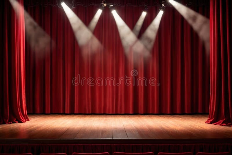 Theater Stage Backdrop with Red Curtains and Spotlight Stock ...