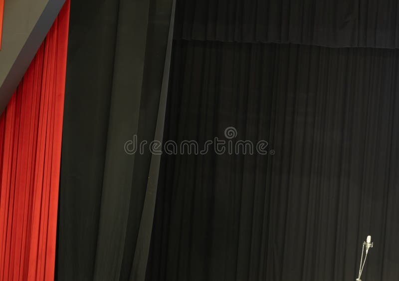 Theater Stage with Black and Red Curtains and Microphone Stock Image ...