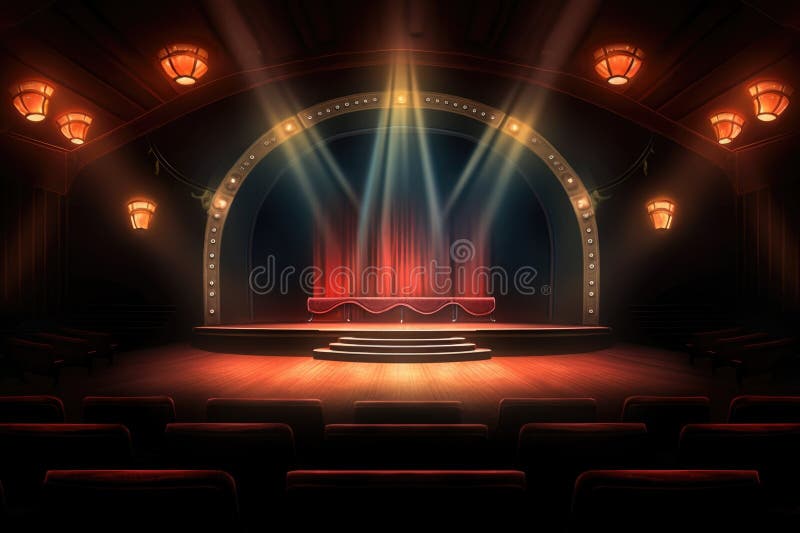 Theater Stage with Empty Seats and Illuminated Stage Lights Stock ...