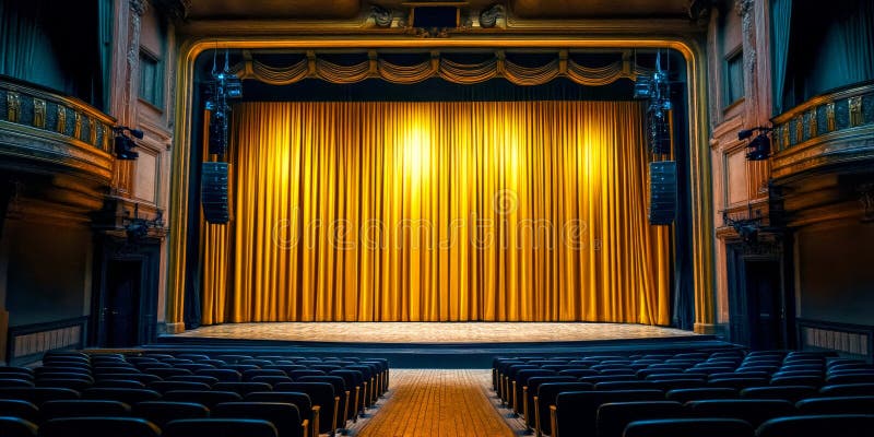 A Beautiful Theater Stage Awaits a Performance. the Rich Golden Curtain ...