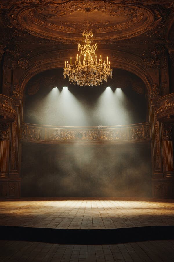 A Theater Stage Left Empty, Highlighted by a Chandelier and Spotlights ...