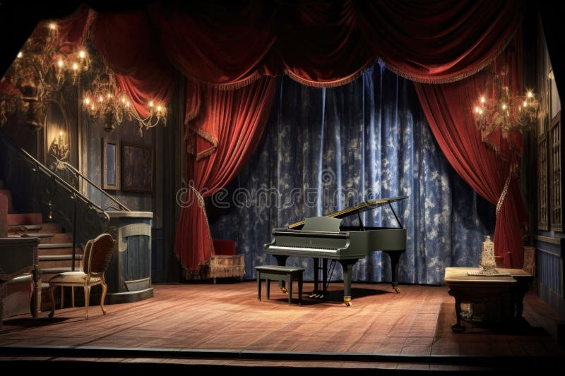 Theater Stage with Open Curtains and Grand Piano Stock Illustration ...