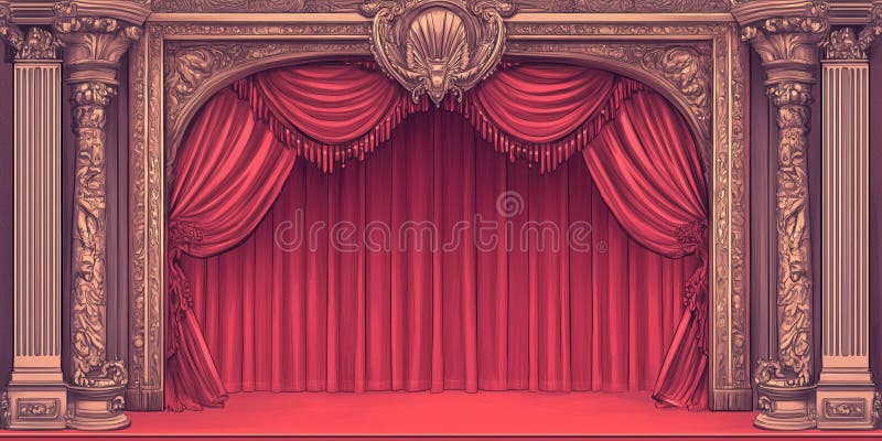 Theater Stage with Ornate Red Curtains and Decorative Golden Frame ...