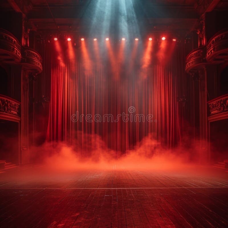 A Dramatic Theater Stage Awaits Performers. Red Curtains Hang Ready ...