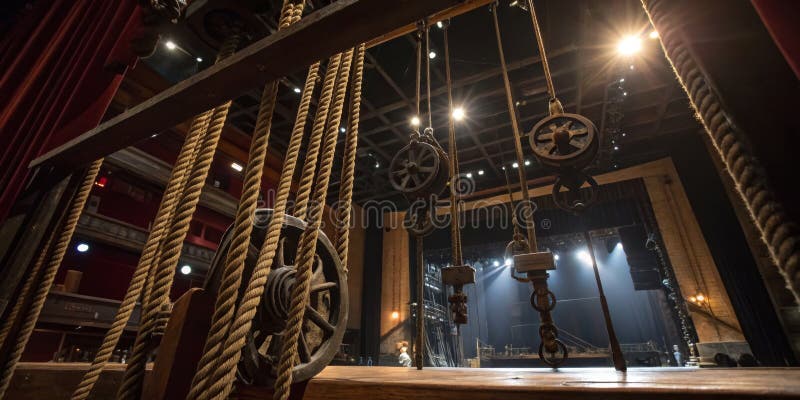 Theater Stage Setup with Ropes and Pulleys Showcasing Dramatic Lighting ...